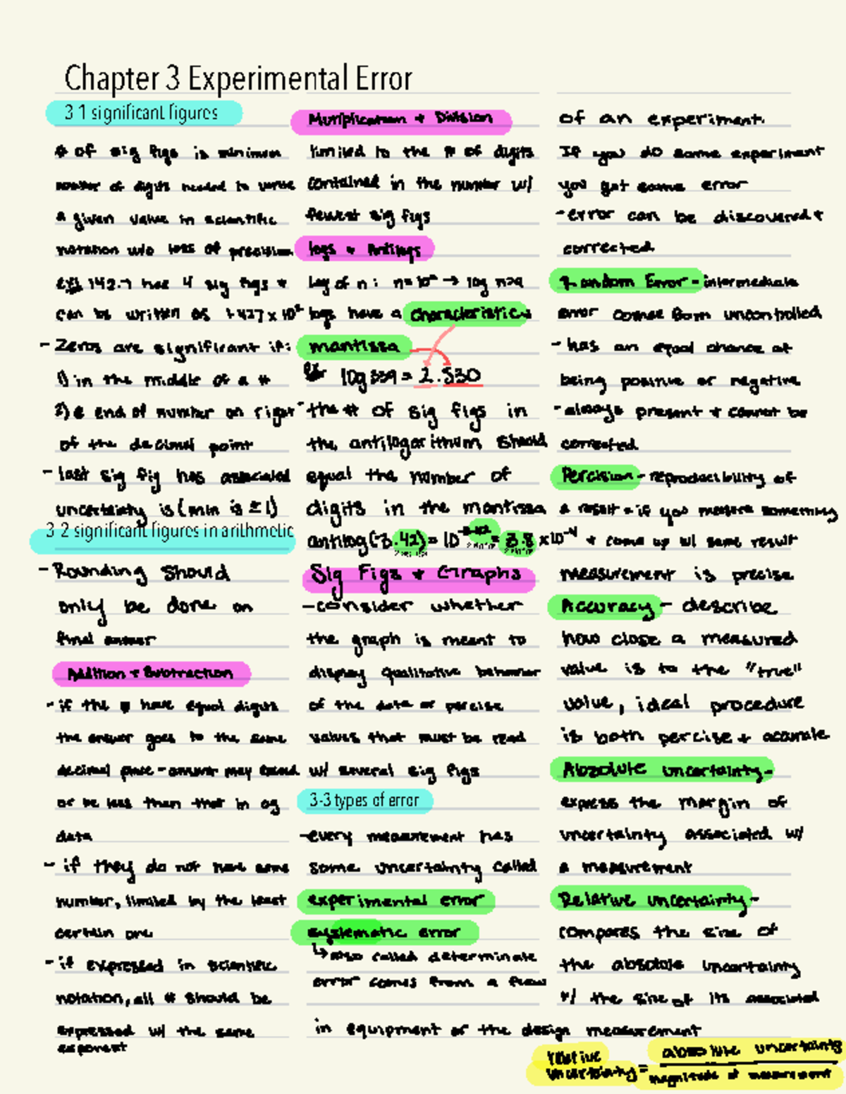 Ch 3 Notes - Chapter 3 Experimental Error 3-1 significant figures 3-2 ...