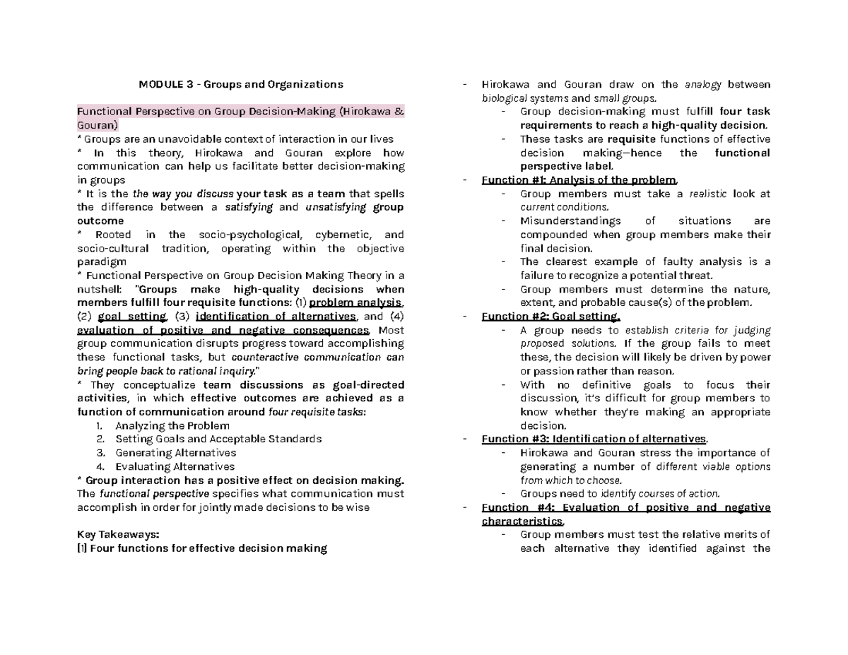 COMM20.03 Notes Module 3 - MODULE 3 - Groups and Organizations ...