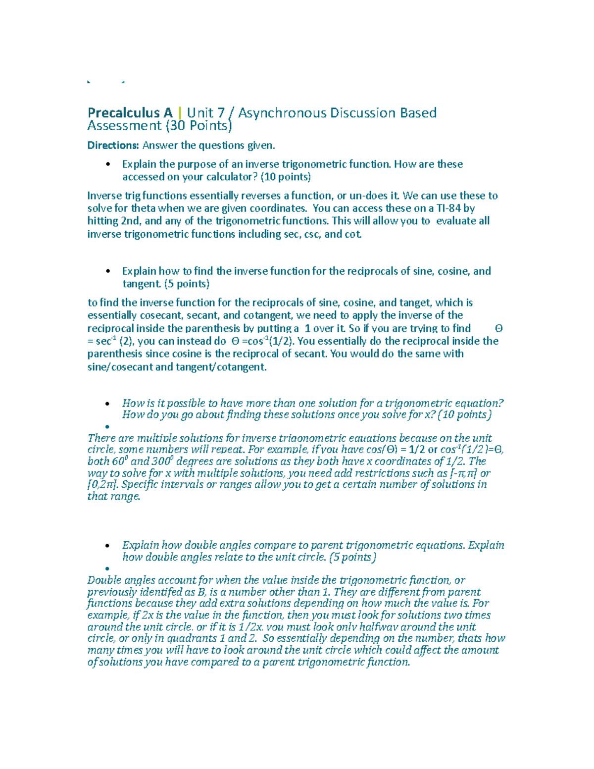 Precalc AU 7DBA (1) - Precalculus A | Unit 7 / Asynchronous Discussion Based Assessment (30 ...
