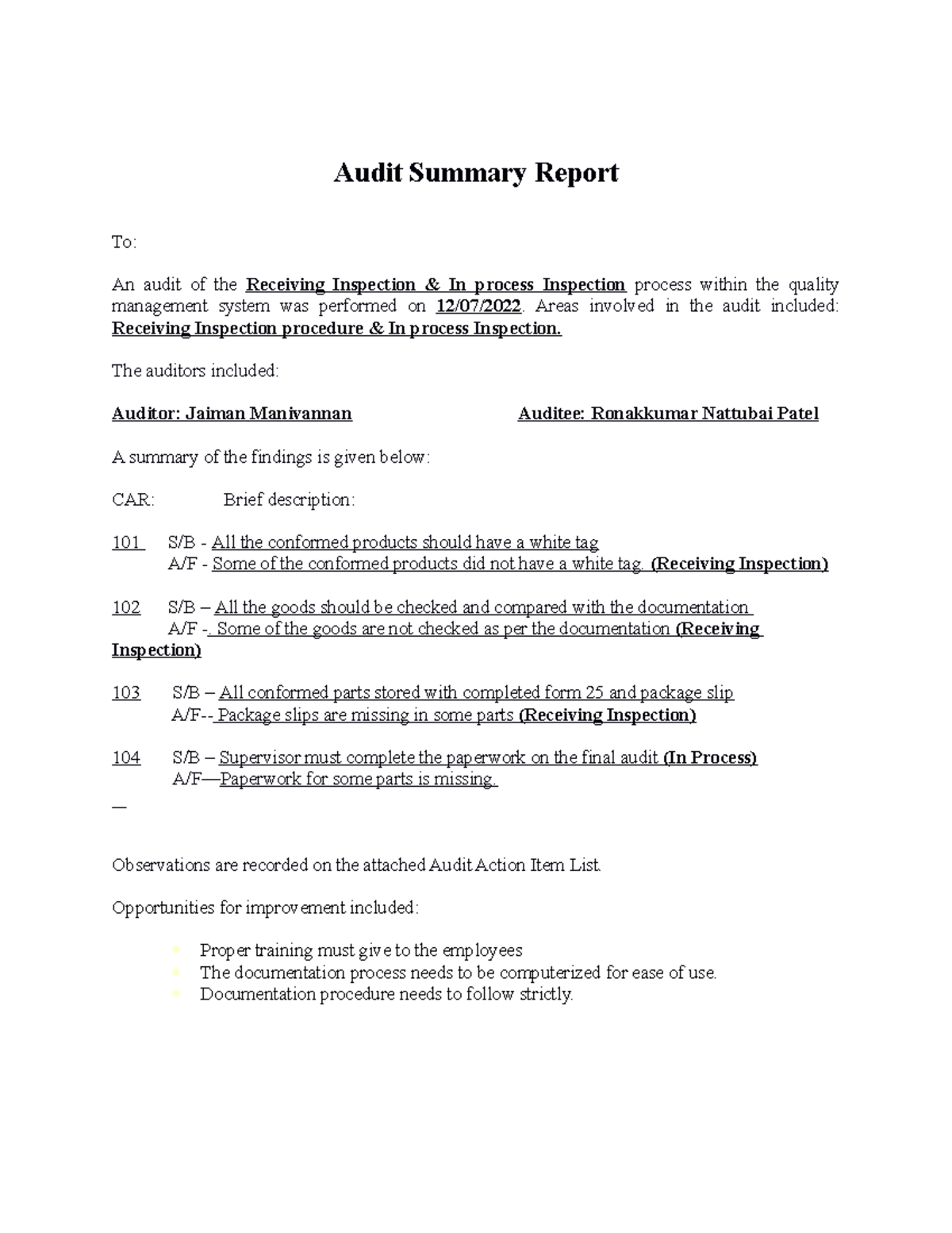 Audit Report - TECHNICAL WRITING - Audit Summary Report To: An audit of ...