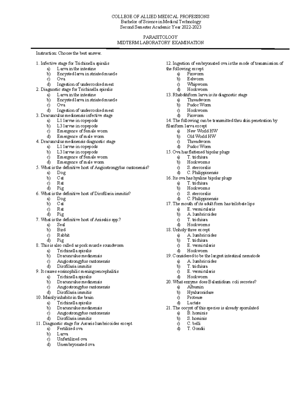 Parasitology LAB Midterm Questionnaire - COLLEGE OF ALLIED MEDICAL ...