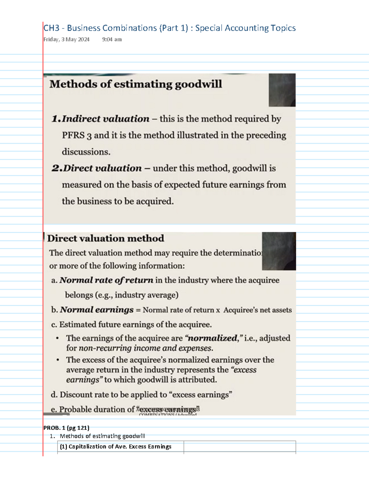 Business Combination Part 3 - PROB. 1 (pg 121) 1. Methods of estimating ...