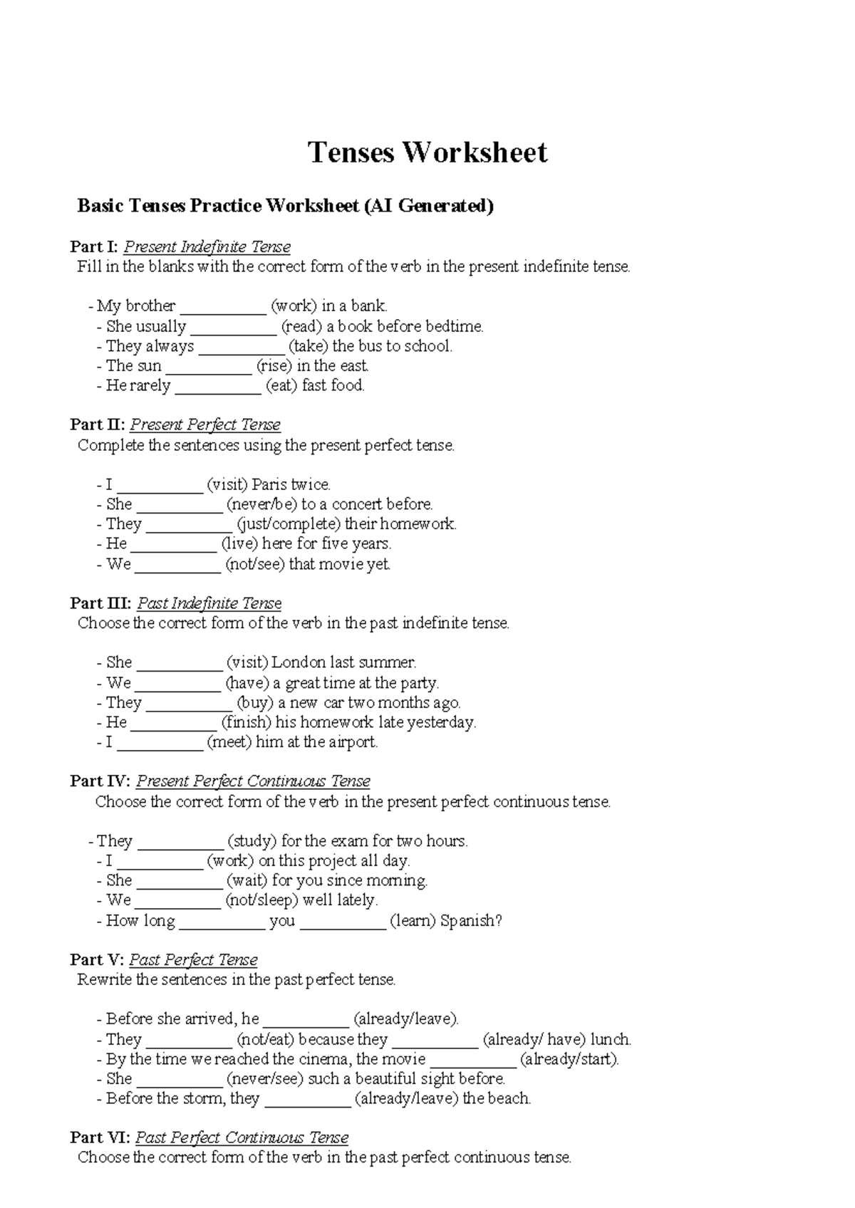 Tense Worksheet 1 - .... - Tenses Worksheet Basic Tenses Practice ...