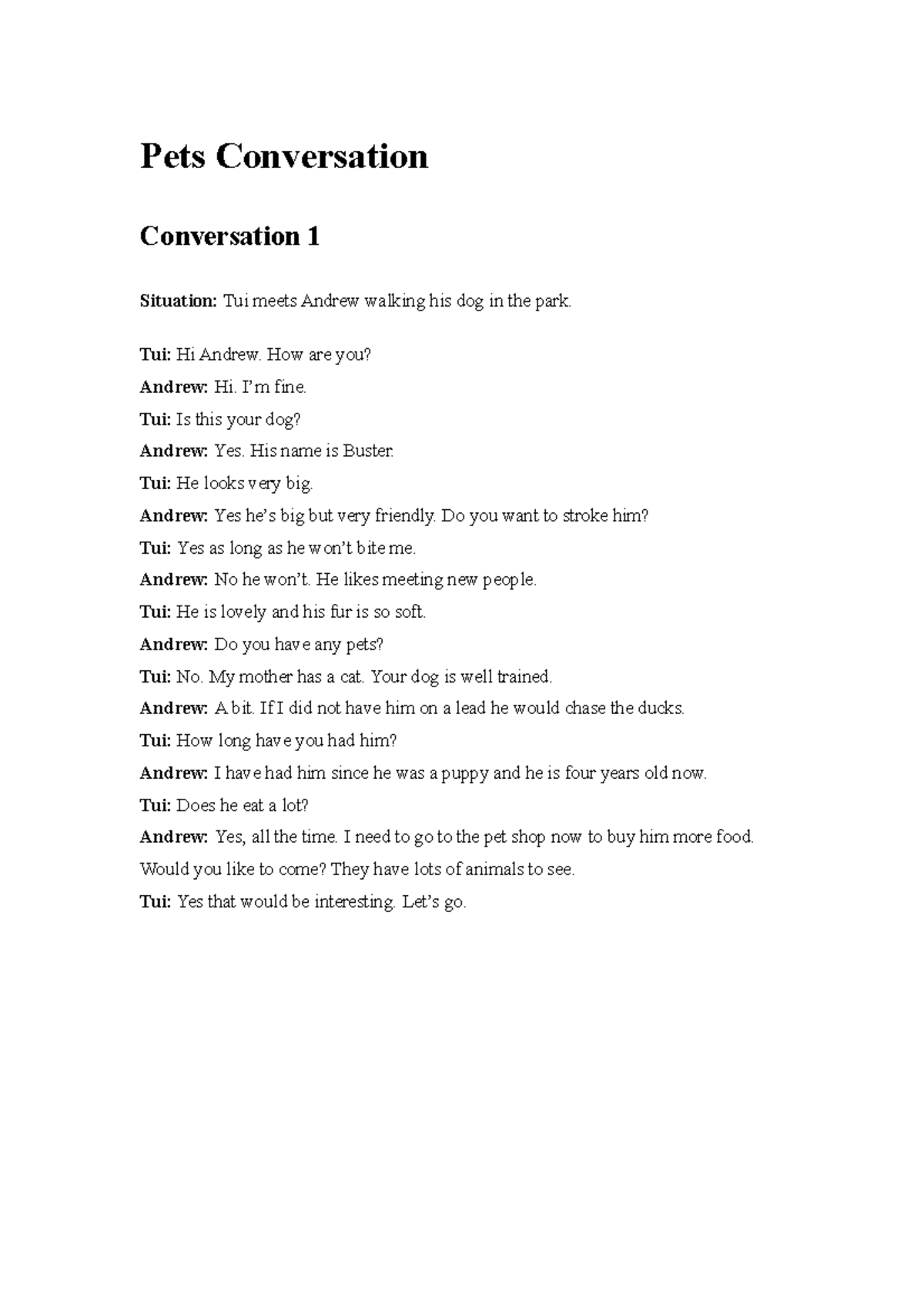 Pets-Conversation - bài luyện đọc tiếng anh cơ bản - Pets Conversation ...