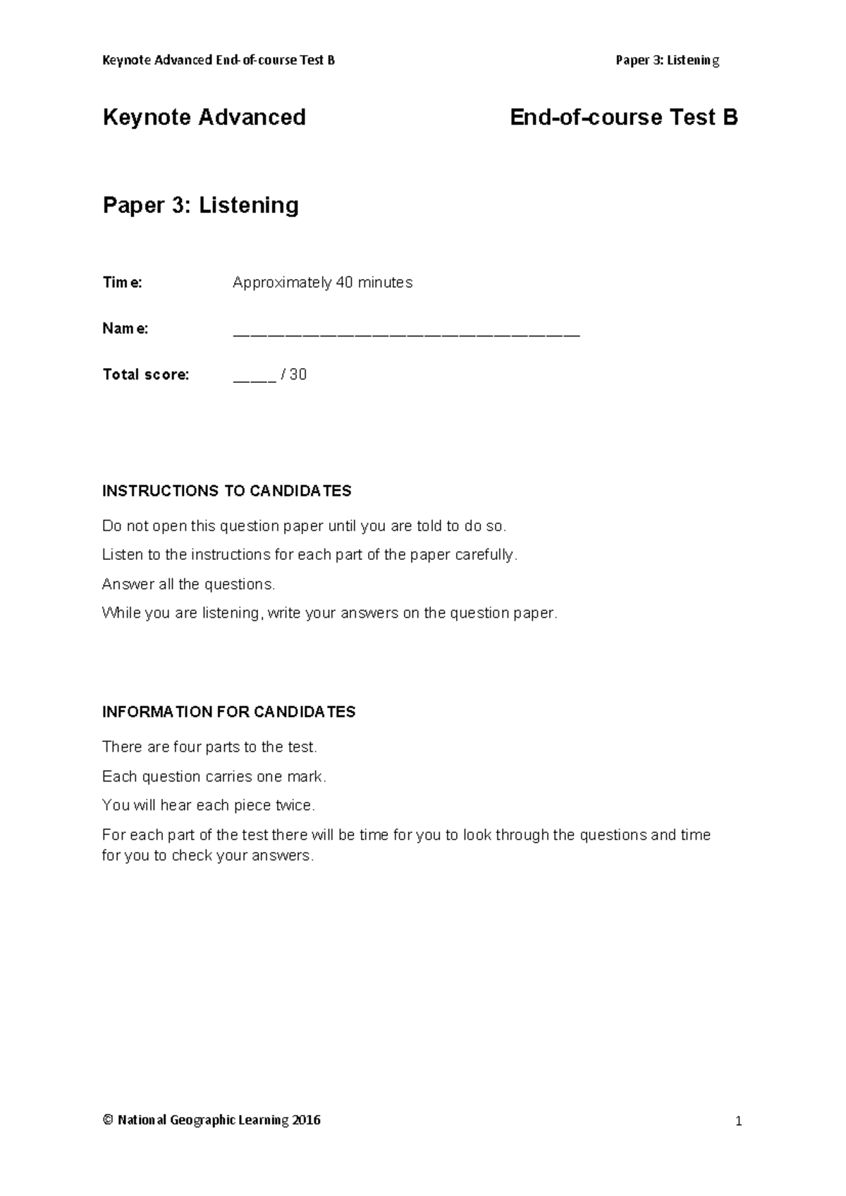 Adv End-of-course Test B Paper 3 - Keynote Advanced End-of-course Test ...