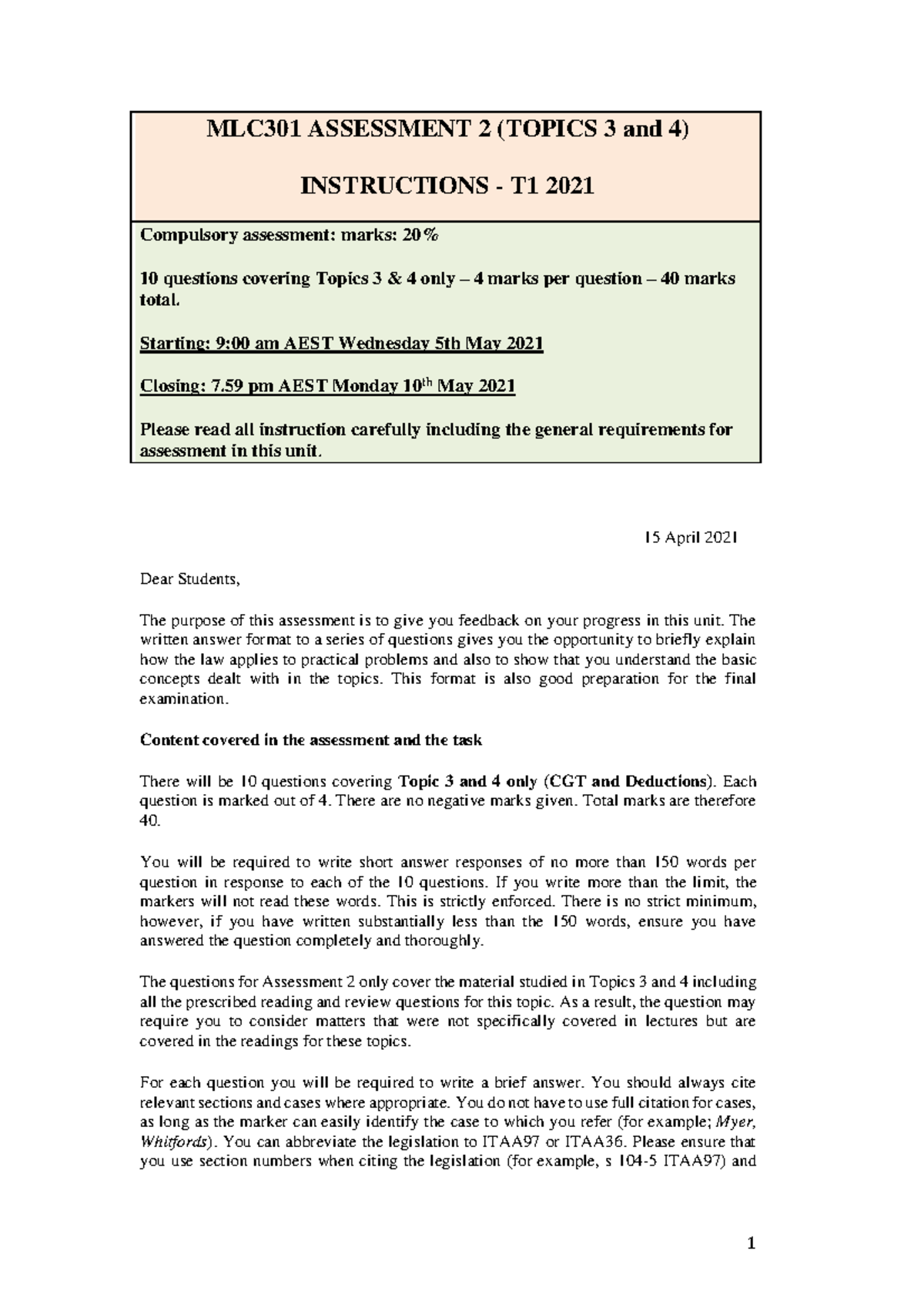 MLC301 Assessment 2 Topics 3 and 4 Instructions - Studocu