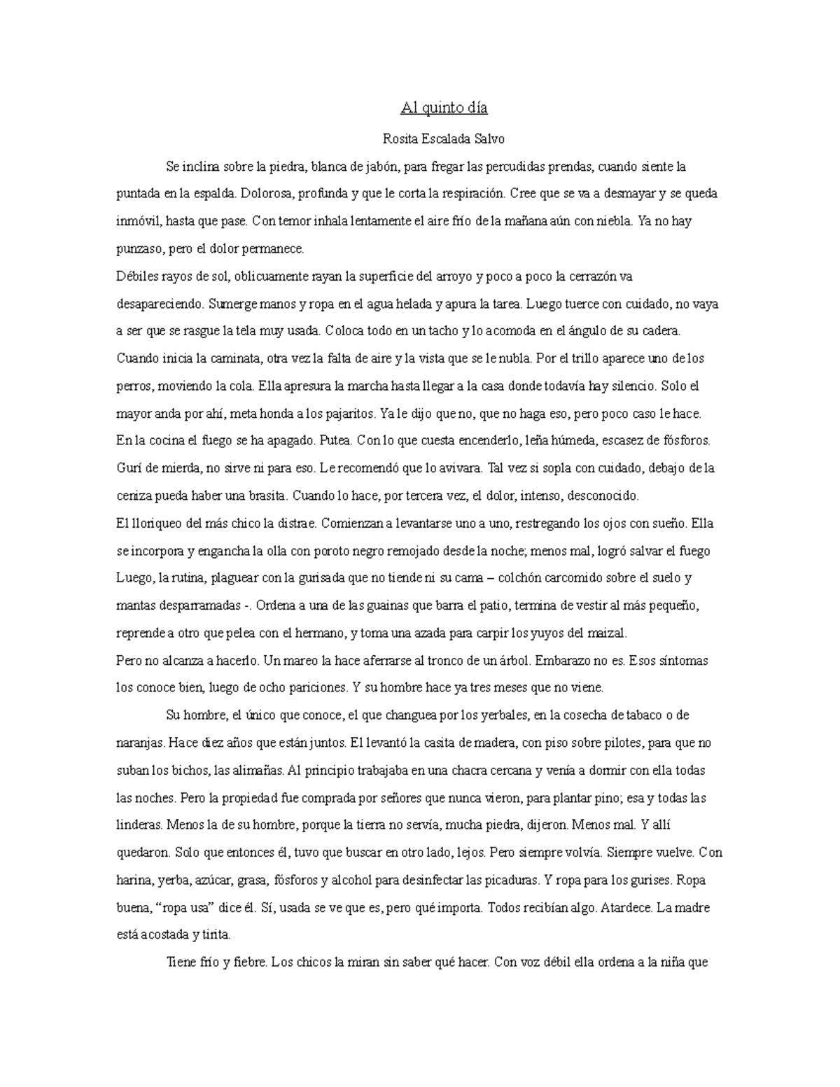 Al quinto día cuento realista lengua - Al quinto día Rosita Escalada ...