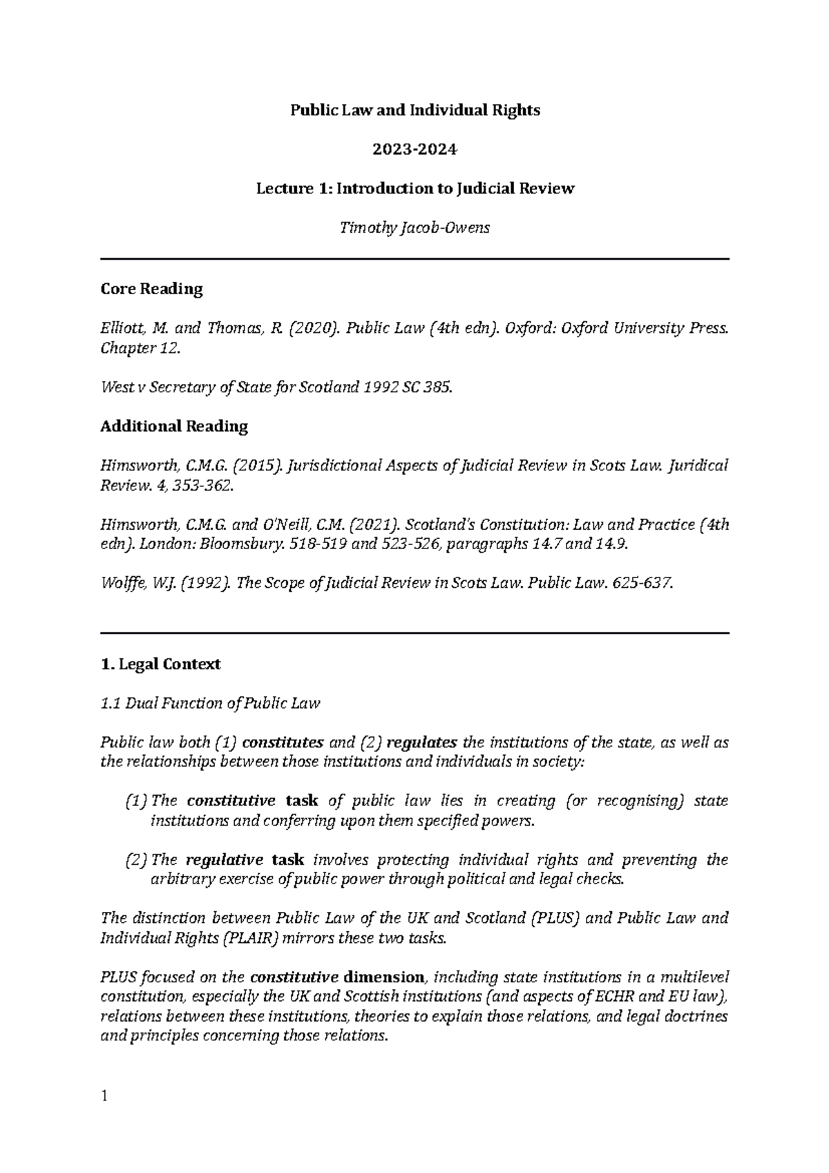 Lecture 1 handout 23-24 - Public Law and Individual Rights 2023 ...