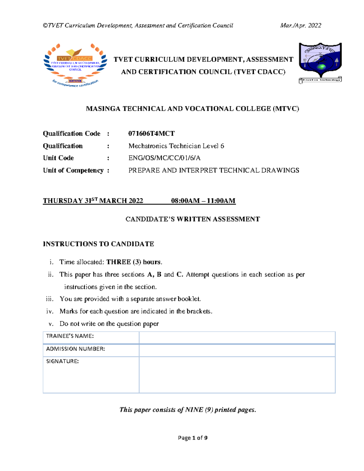 Prepare Technical Drawing Level 6 Thurday 8am 15 copies - TVET ...