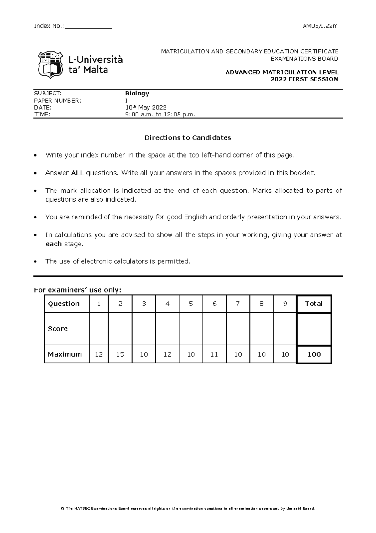 Biology ADVMay 2022 - didowmwm - Index No.:_____________ AM05/I © The ...