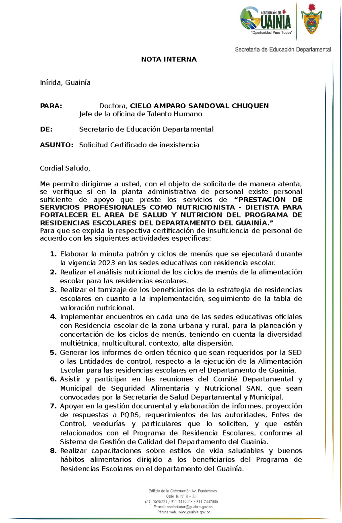 4. Nota Interna - se describe la necesidad del personal a contratar ...