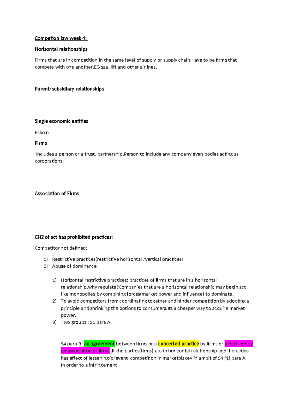 Competion law week 4 - notes - Competion law week 4: Horizontal ...