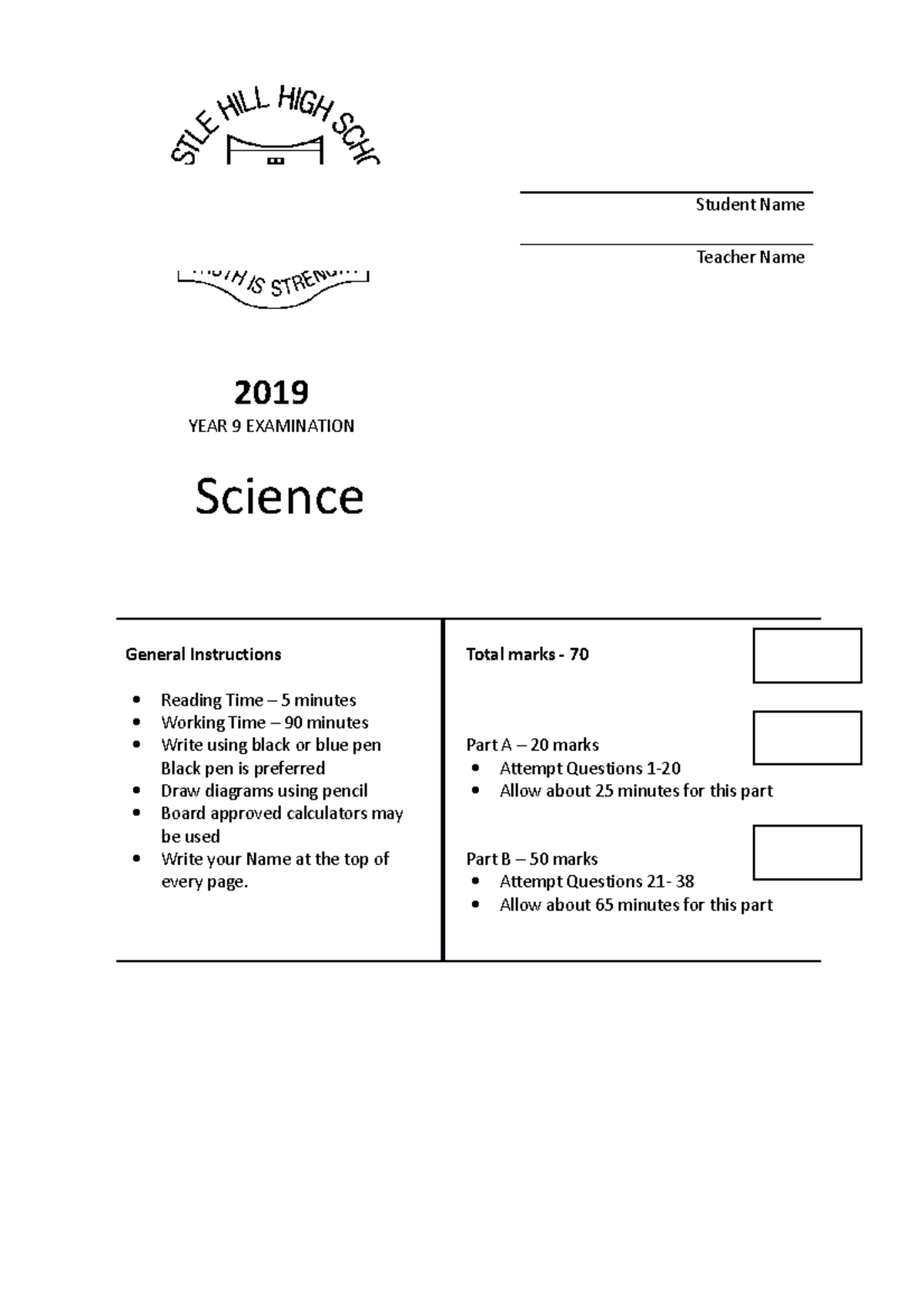 Yr 9 Final Exam 2019 - past paper - Student Name Teacher Name 2019 YEAR ...
