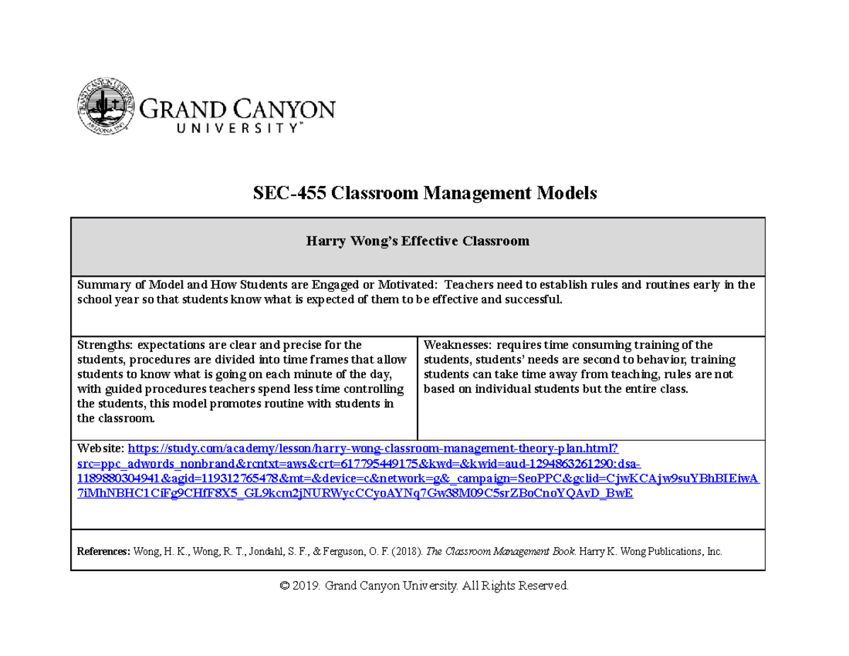 SEC 455 T1 Class Manage Models - SEC-455 Classroom Management Models ...