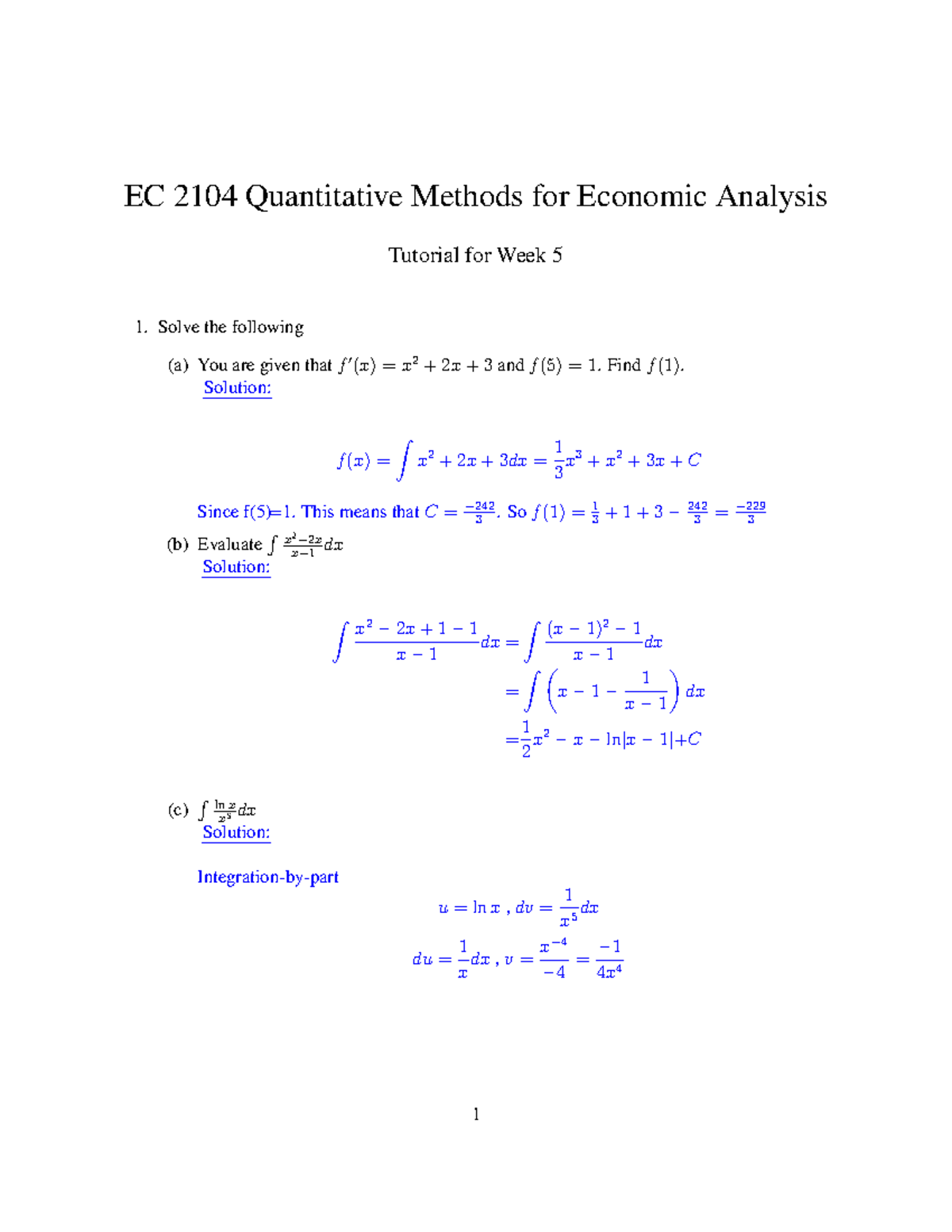 Tutorial Week5 - EC 2104 Quantitative Methods for Economic Analysis Tutorial for Week 5 Solve ...