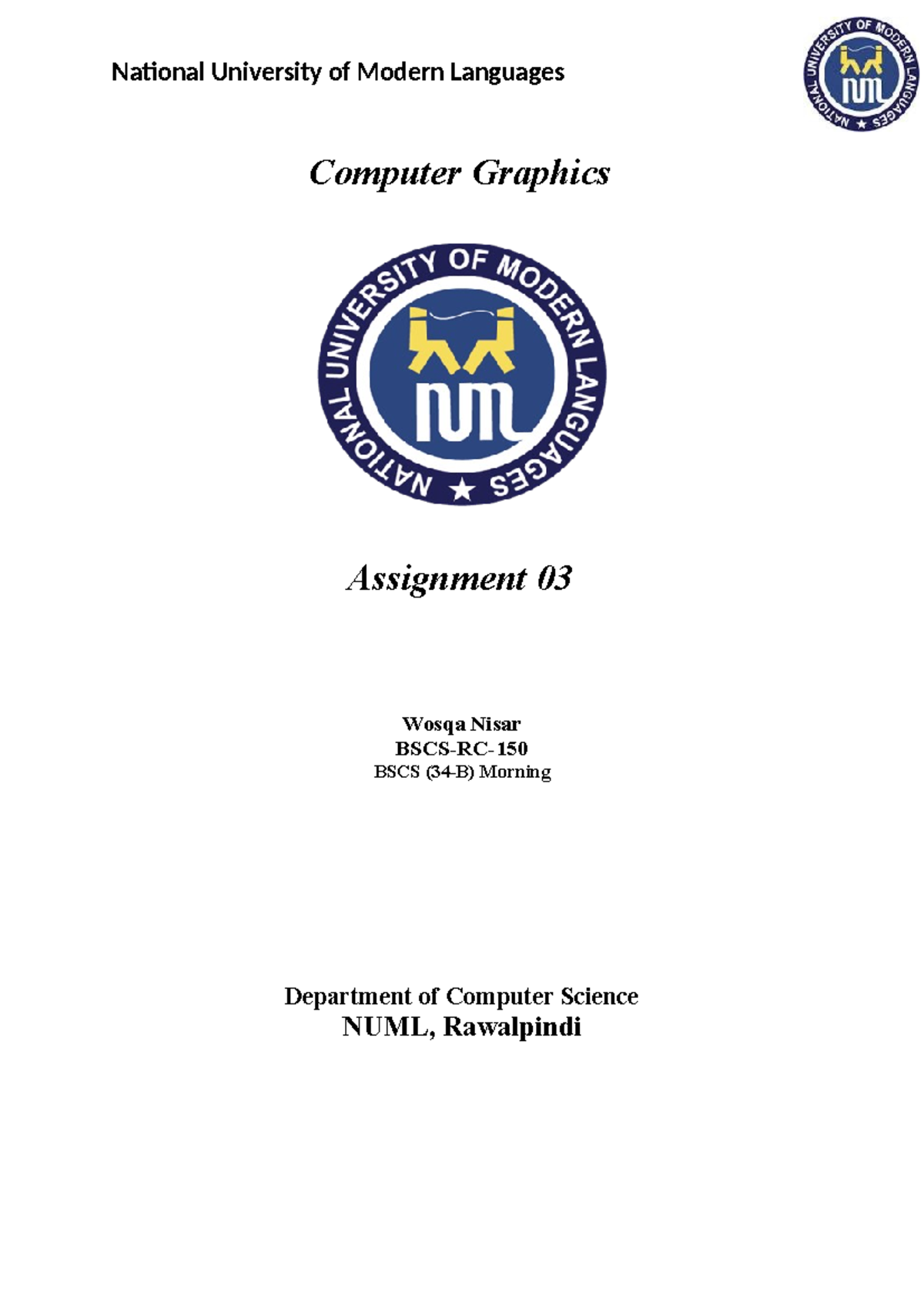 Assignment cg - Computer Graphics Assignment 03 Wosqa Nisar BSCS-RC ...
