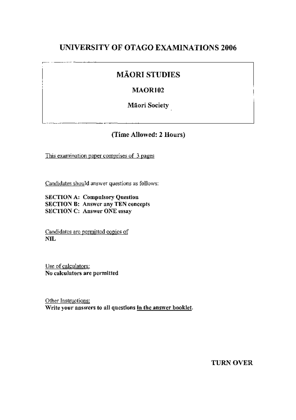 Maor102 2006 s2 - Past paper examples - Māori Society - Studocu