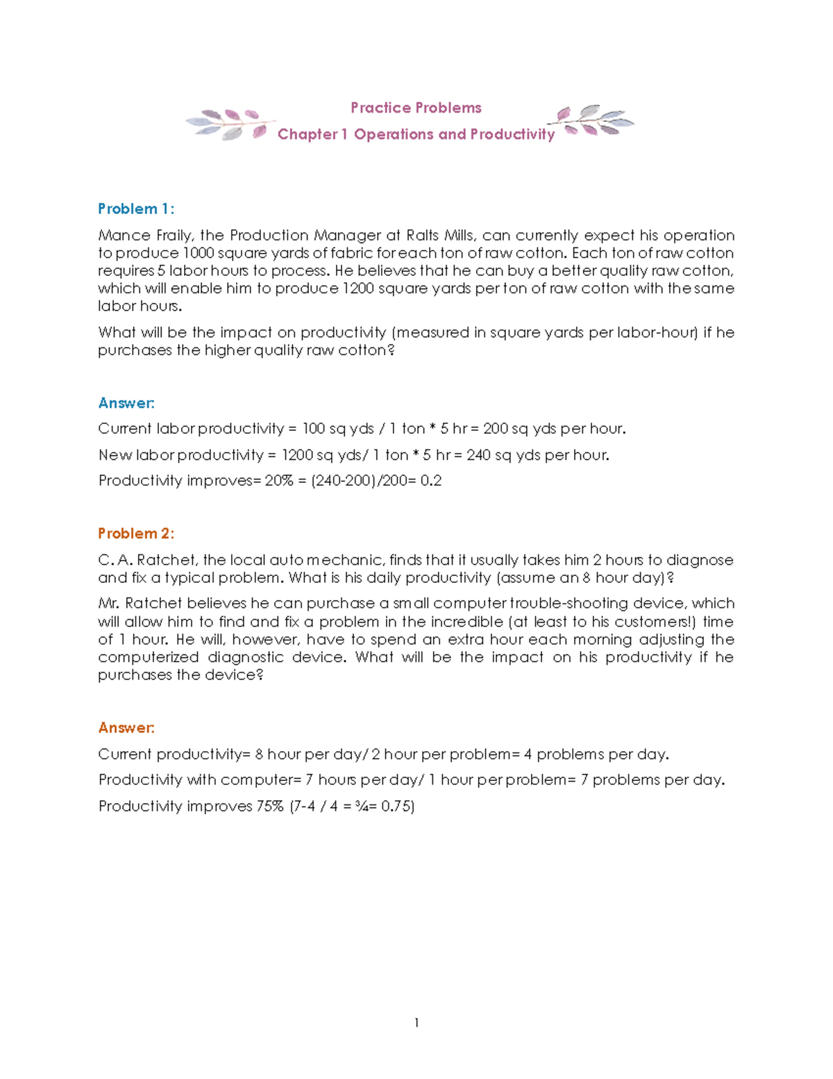 Activity A2 Productivity Math Problems 1 Practice Problems Chapter 1 Operations And 