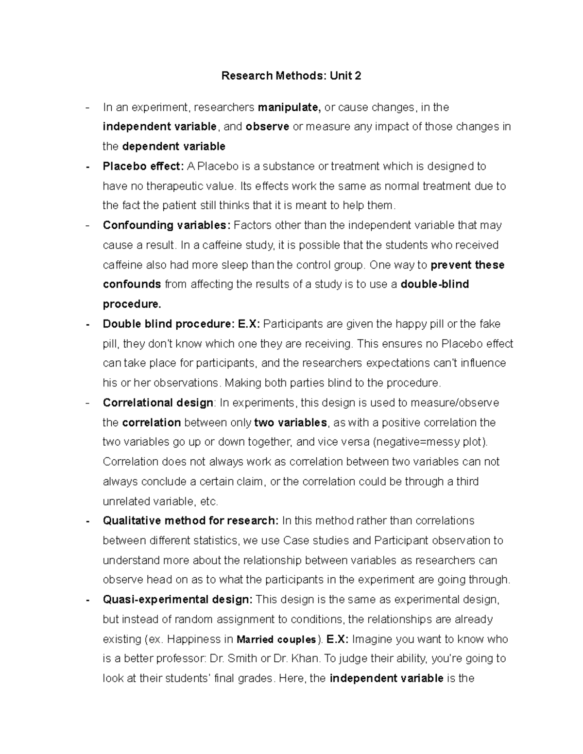 Psych Exam notes - Research Methods: Unit 2 In an experiment ...