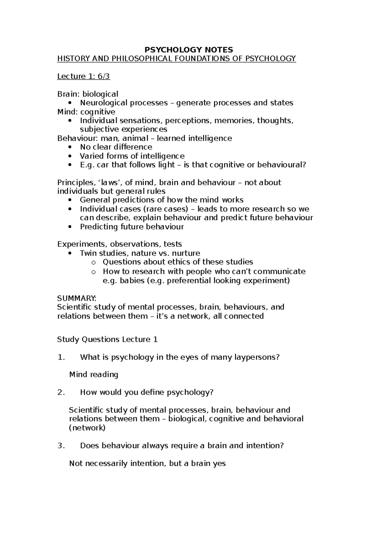 Psychology Notes - PSYCHOLOGY NOTES HISTORY AND PHILOSOPHICAL ...