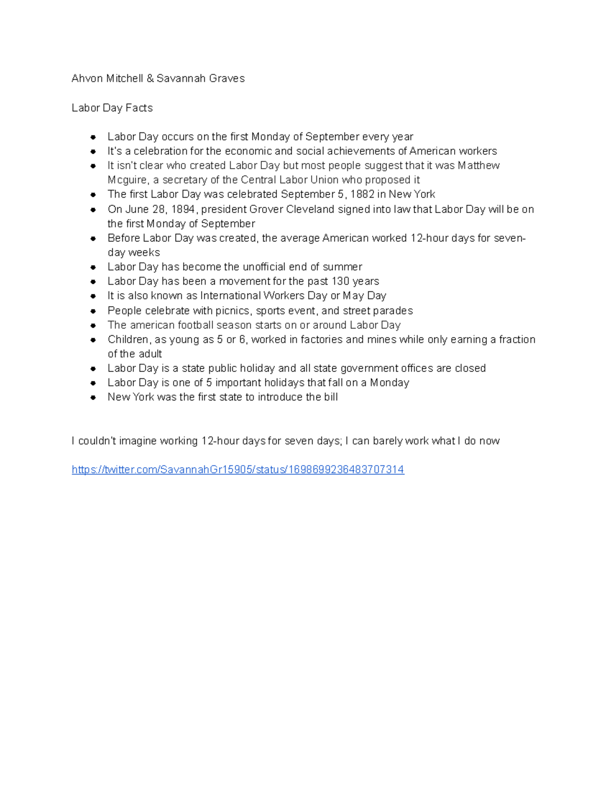 Labor day - assignment - Ahvon Mitchell & Savannah Graves Labor Day ...