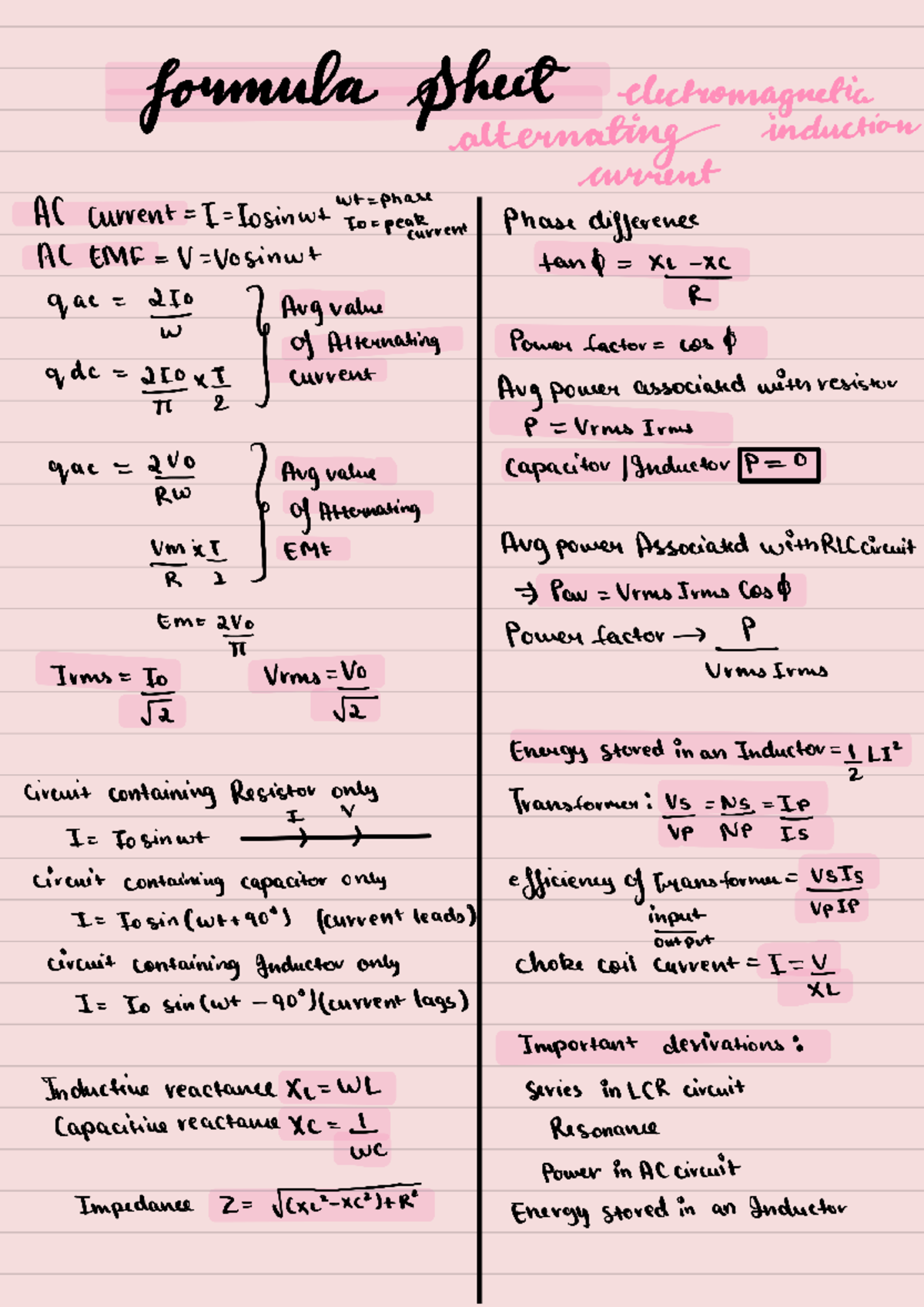 Ac formula sheet zen forger - formula sheet electromagnetic alternating ...