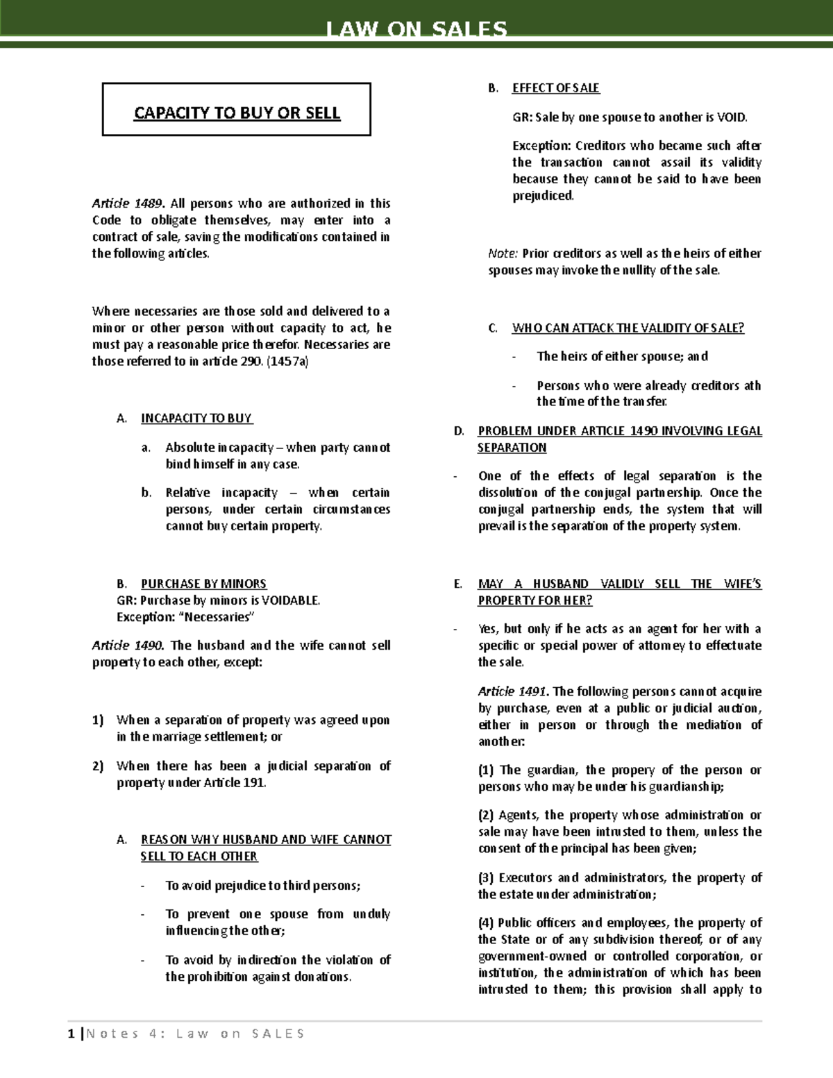 Notes 3 LAW - CAPACITY TO BUY OR SELL - Article 1489****. All persons ...
