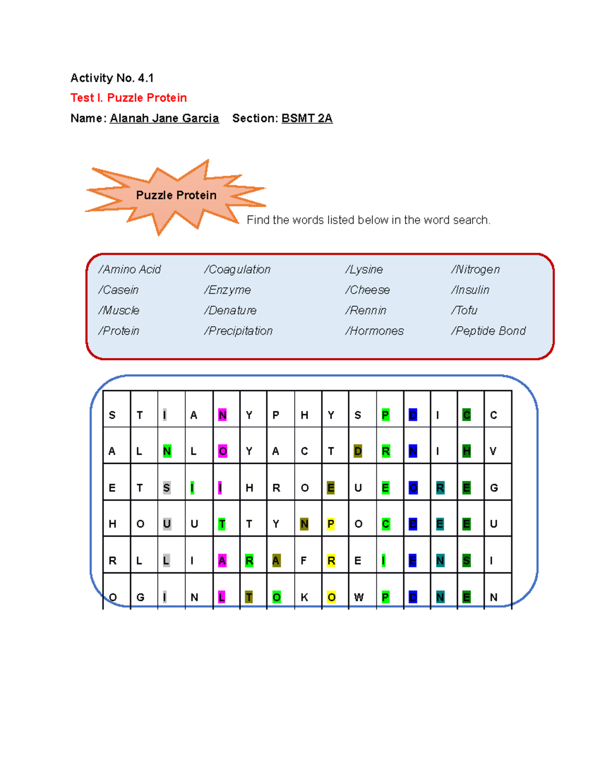 Activity No. 4.1 Puzzle Protein - Activity No. 4. Test I. Puzzle ...