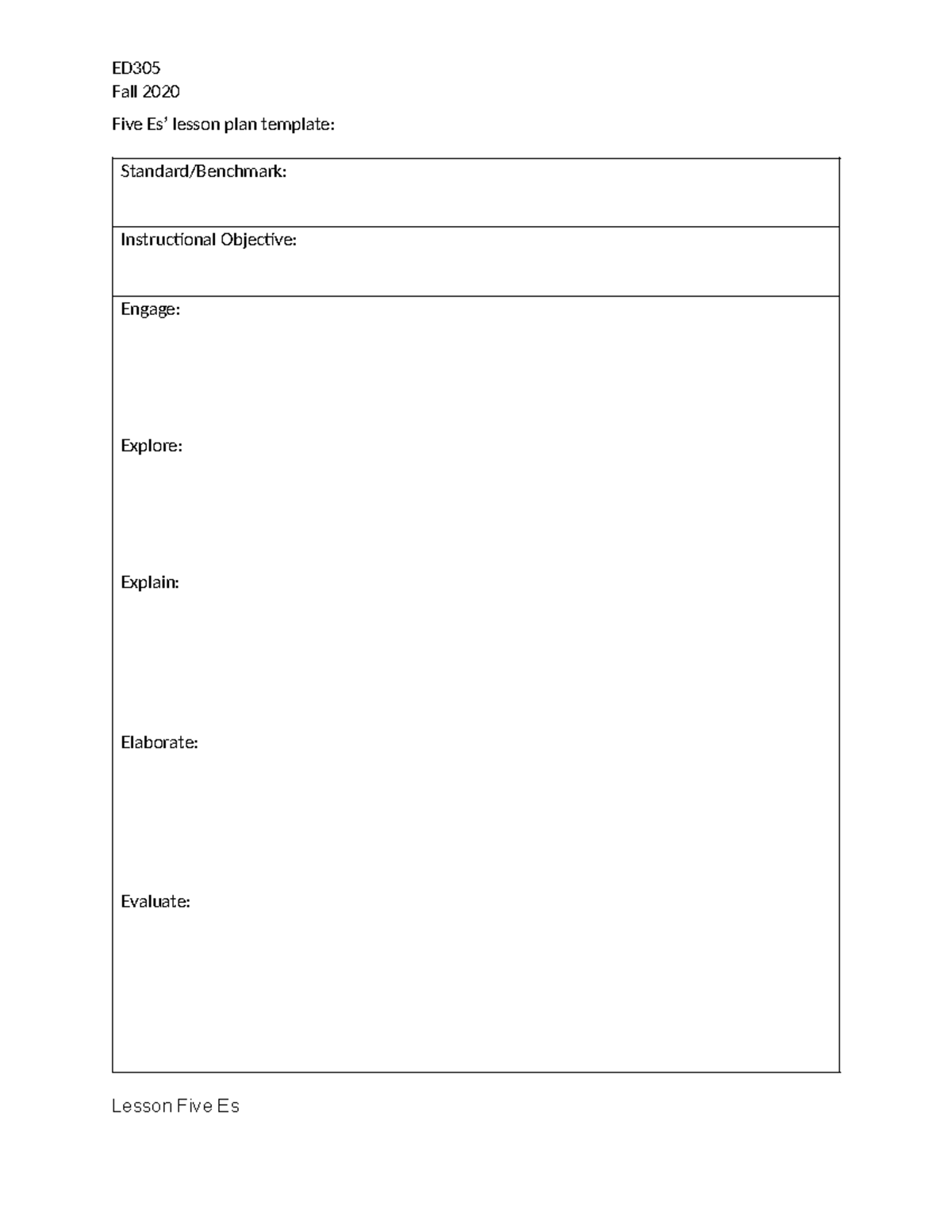 Five Es Lesson Plan Template - ED Fall 2020 Five Es’ lesson plan ...
