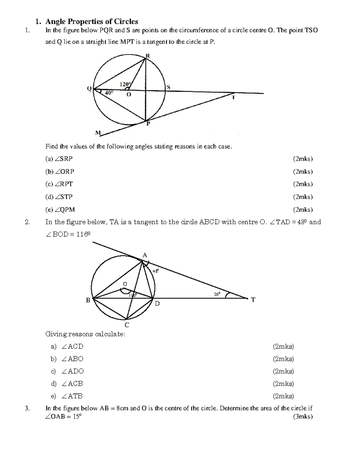Angle Properties OF Circles Q - 1. Angle Properties of Circles In the ...