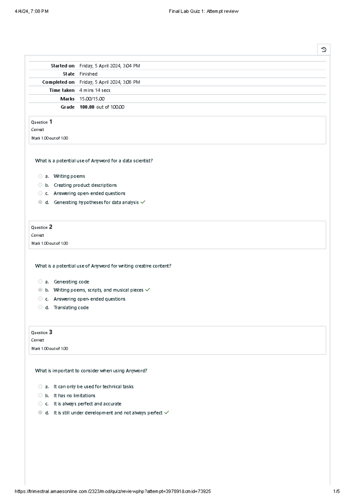 AI Prompt Final LAB Q1 - Quizzes - Started on Friday, 5 April 2024, 3:04 PM State Finished ...