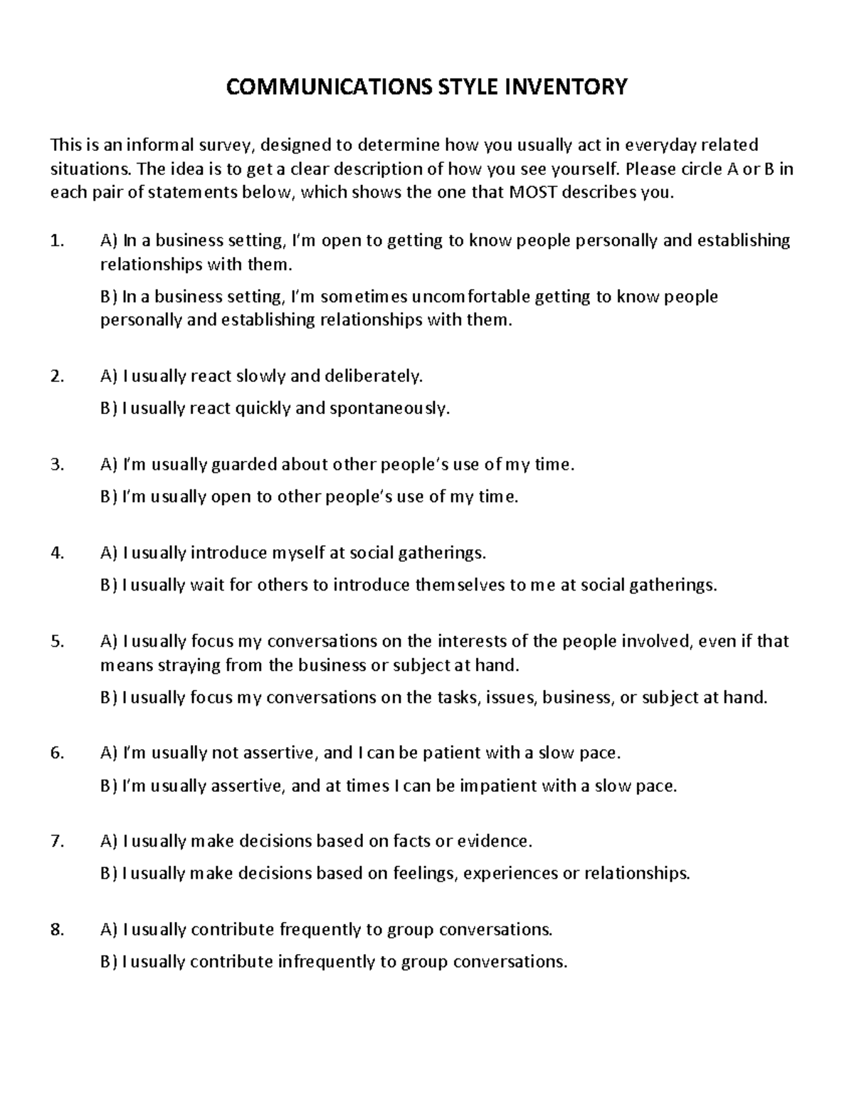 Communications Style Inventory v2 - COMMUNICATIONS STYLE INVENTORY This ...