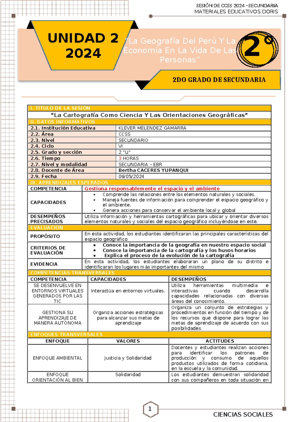 2º Sesiones SEM 1 UNI 2 - CCSS 2024 - SESIÓN DE CCSS 2024 –SECUNDARIA ####### MATERIALES ...