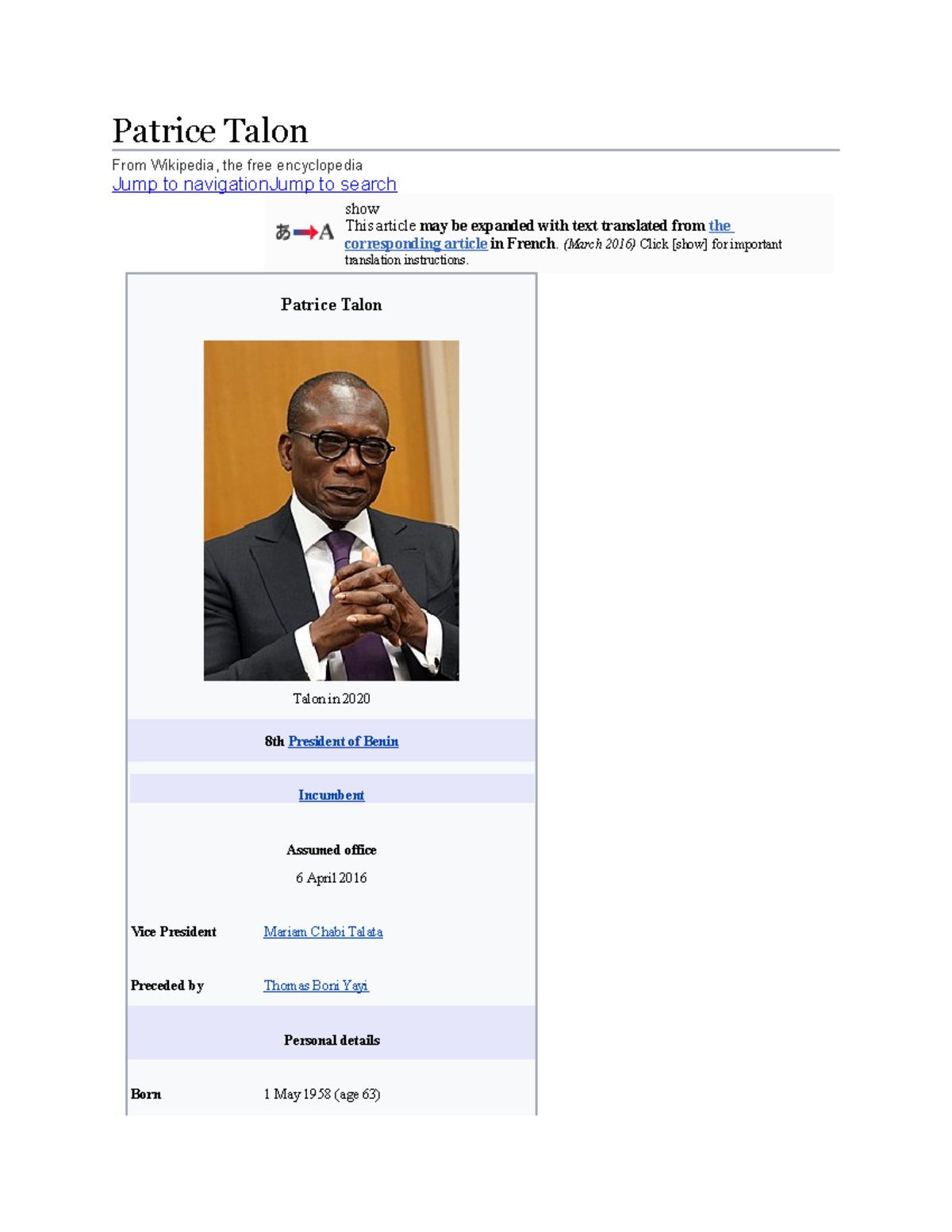 Patrice Talon - answer key - Patrice Talon From Wikipedia, the free ...