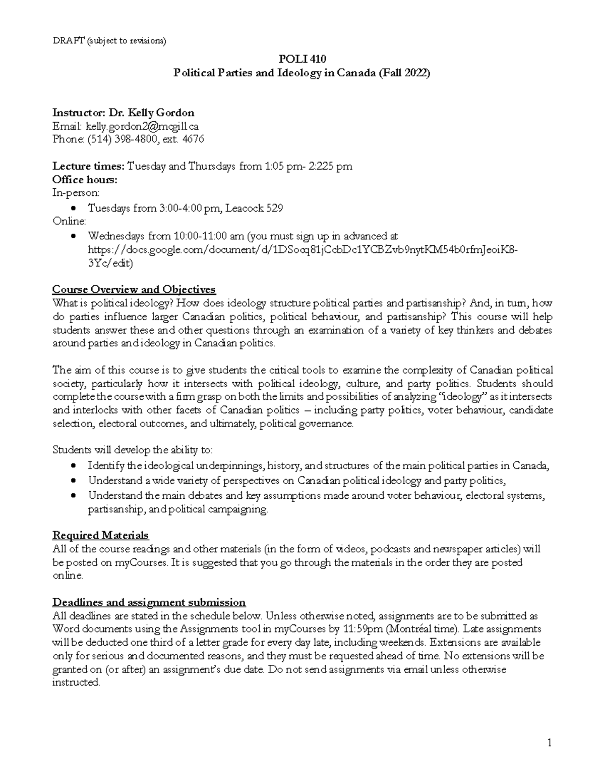 Poli 410 gordon fall 2022 course outline - POLI 410 Political Parties ...