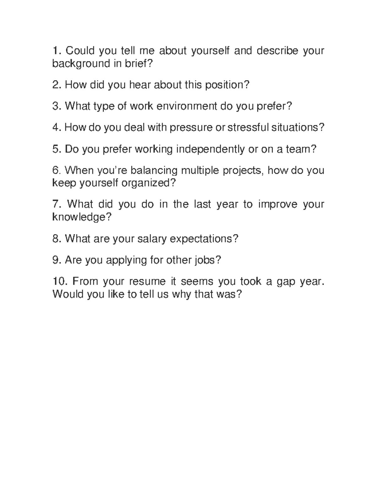 2. 10 Questions interview - Could you tell me about yourself and ...