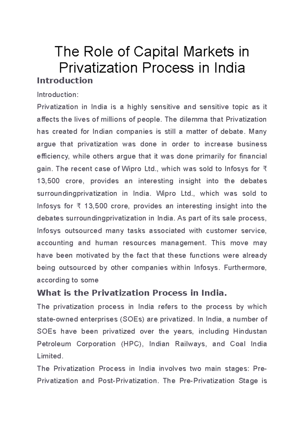 The Role of Capital Markets in Privatization Process in India - The ...