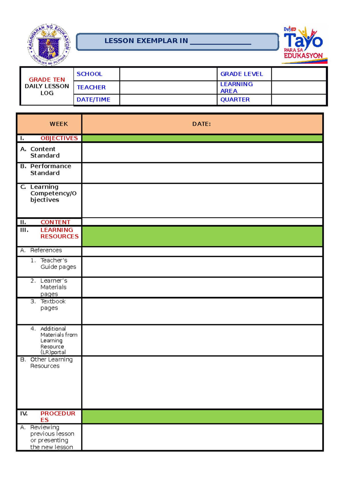 Lesson- Exemplar-Template - GRADE TEN DAILY LESSON LOG SCHOOL GRADE ...