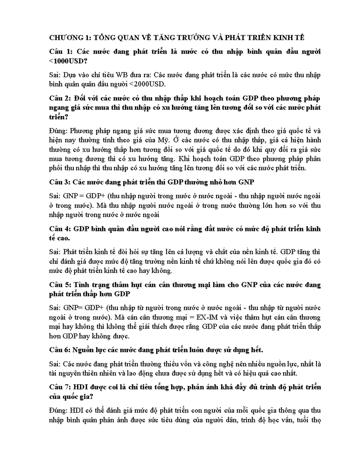 TRẮC NHIỆM ĐÚNG SAI KTPT - CHƯƠNG 1: TỔNG QUAN VỀ TĂNG TRƯỞNG VÀ PHÁT ...