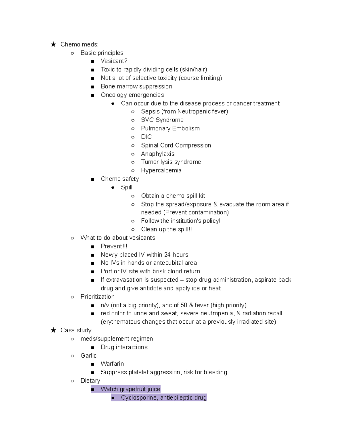 NURS 329 Final Study Guide - ★ Chemo meds: Basic principles Vesicant ...