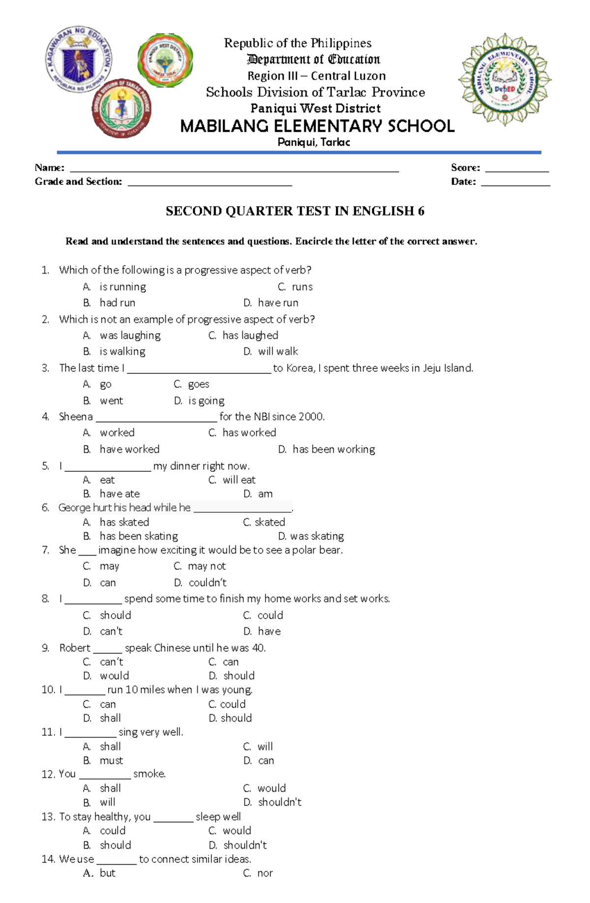 26036037 - Practice test for english 5 - Republic of the Philippines ...