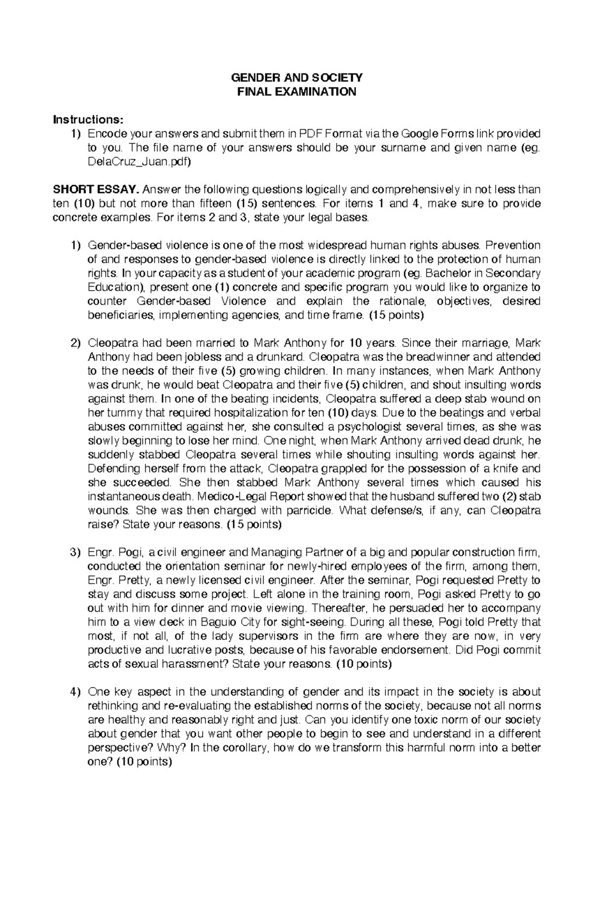 Gender AND Society Final EXAM - GENDER AND SOCIETY FINAL EXAMINATION ...