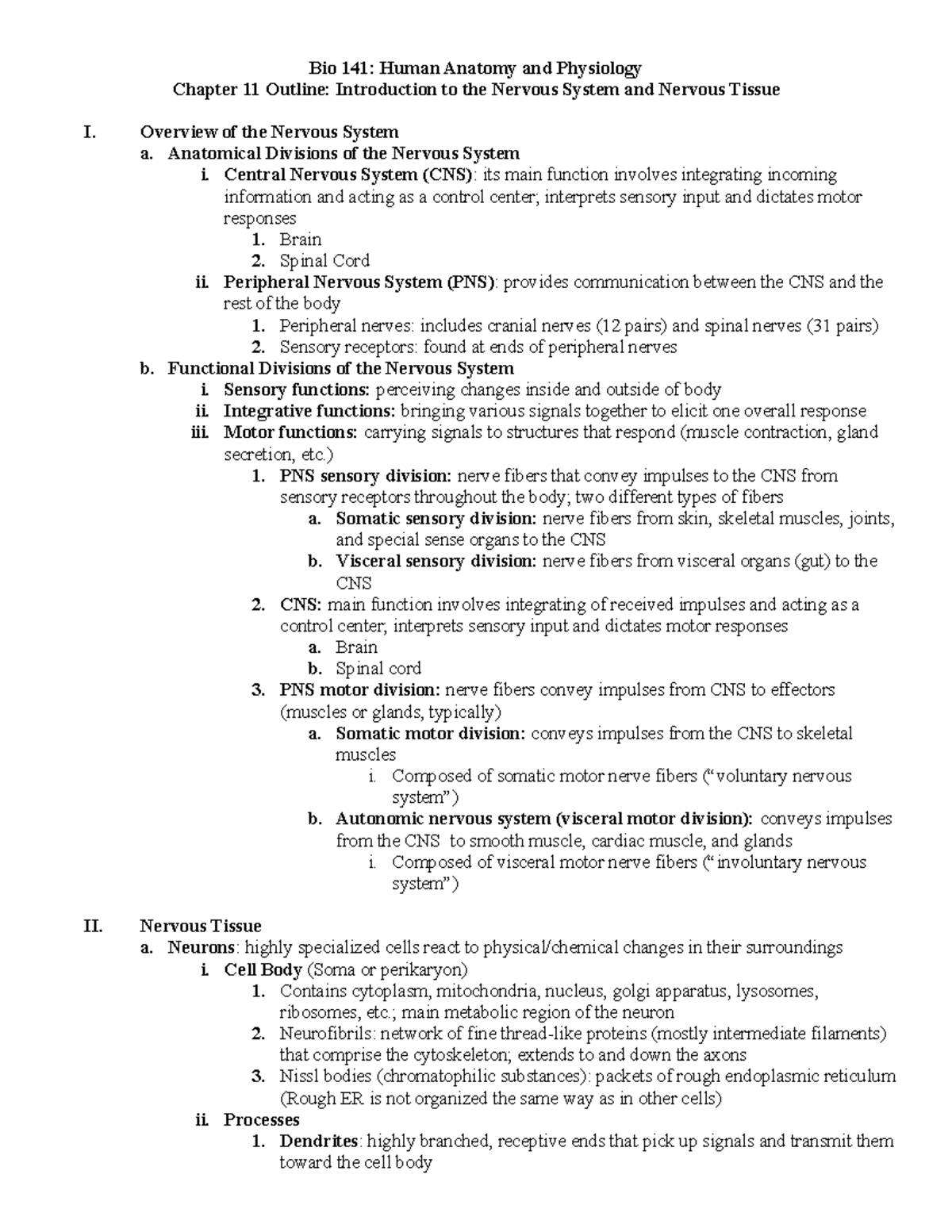 Bio141Chapter 11outline - Bio 141: Human Anatomy and Physiology Chapter ...