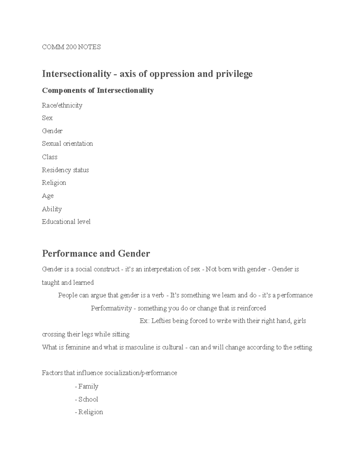 Comm 200 - Performance and Hegemony - COMM 200 NOTES Intersectionality ...