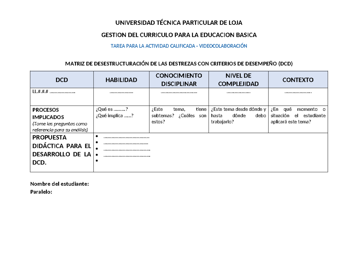 Matriz Desestructuración de DCD-Videcolaboración - UNIVERSIDAD TÉCNICA PARTICULAR DE LOJA ...