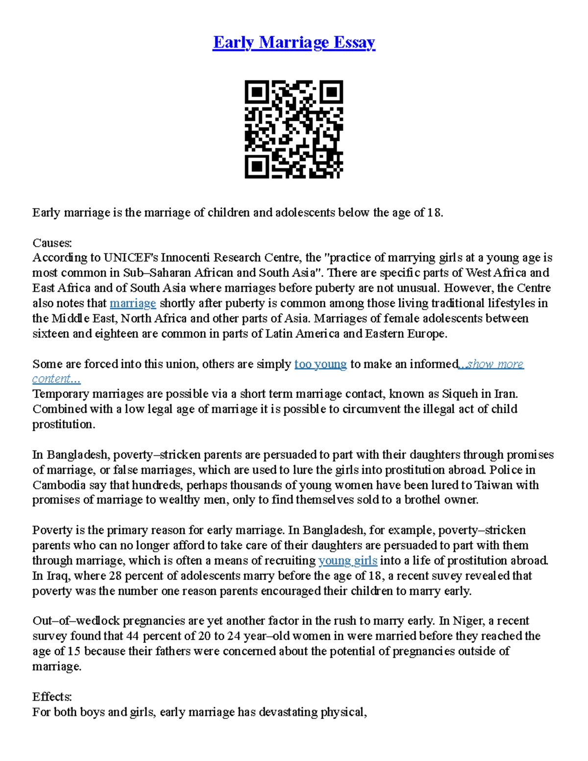 Child Marriages Essay - Early Marriage Essay Early marriage is the ...