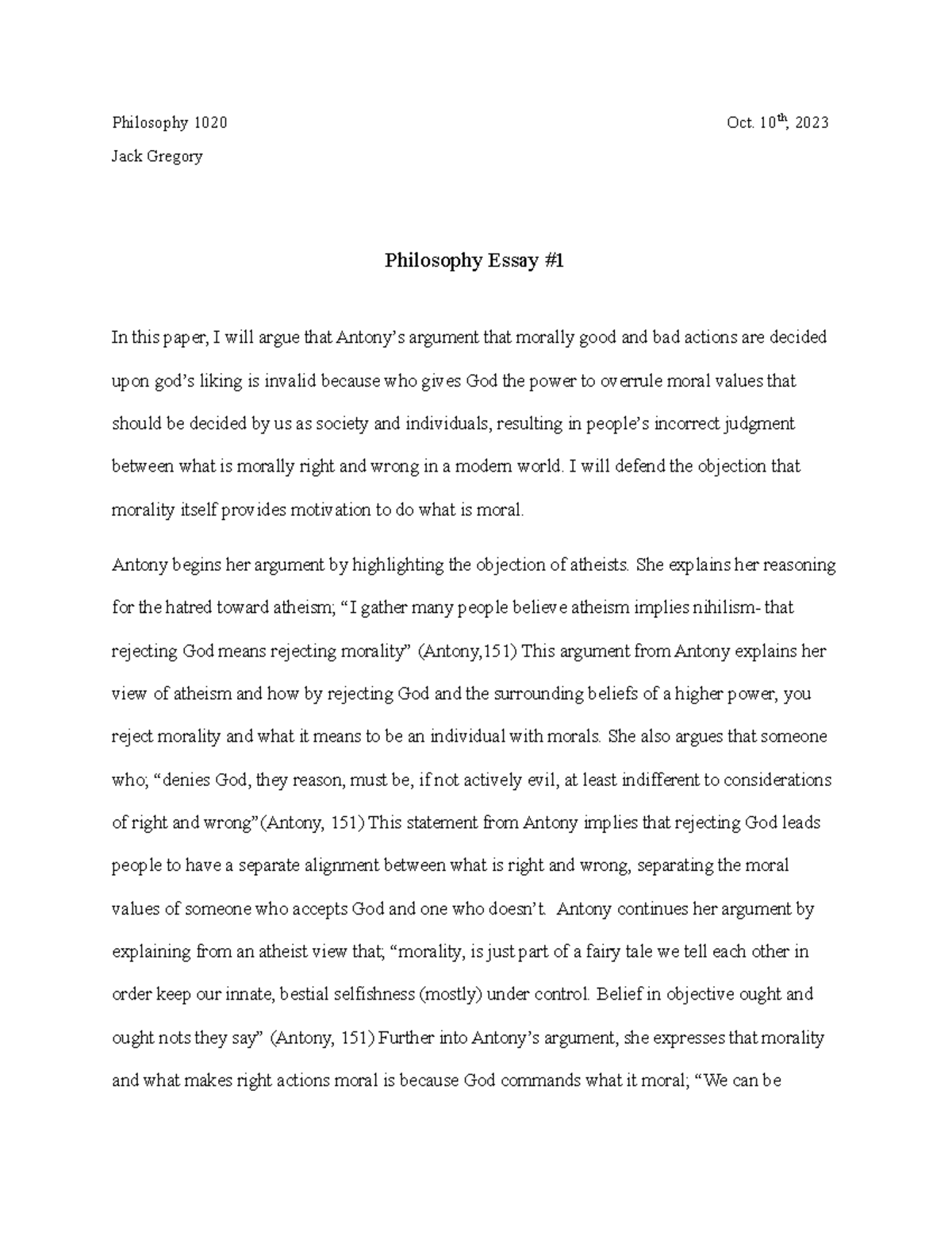 Jack 67 - essay #1 - Philosophy 1020 Oct. 10th, 2023 Jack Gregory ...