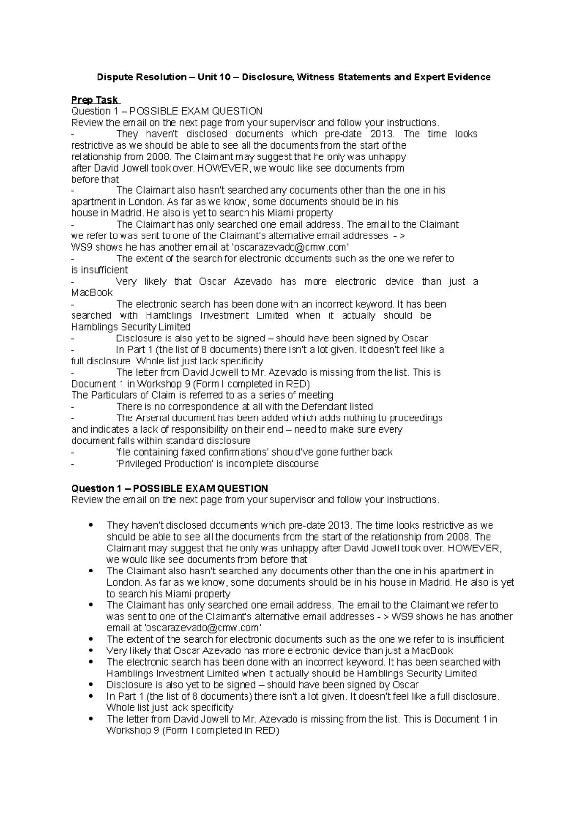 Dispute Resolution – Unit 10 – Disclosure, Witness Statements and ...