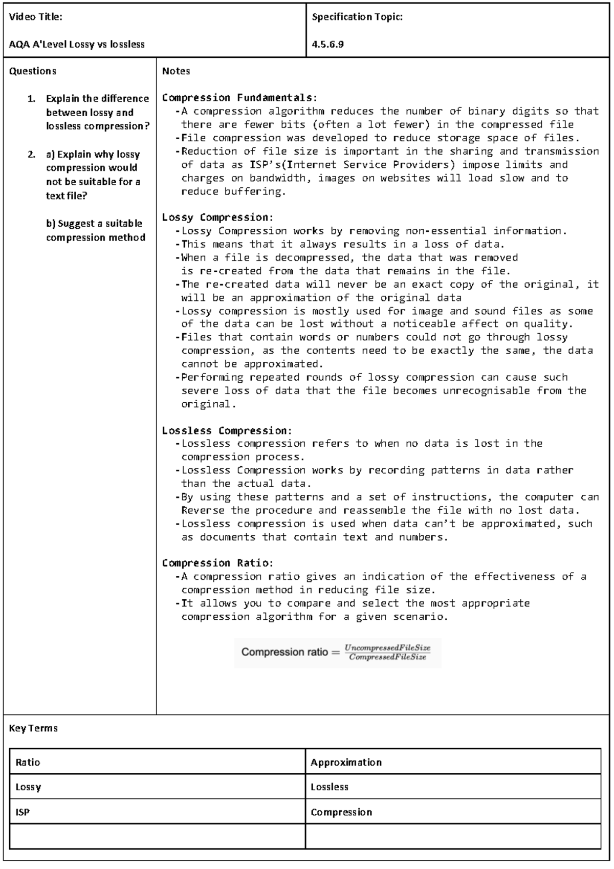 Compression - Video Title: AQA A'Level Lossy vs lossless Specification ...