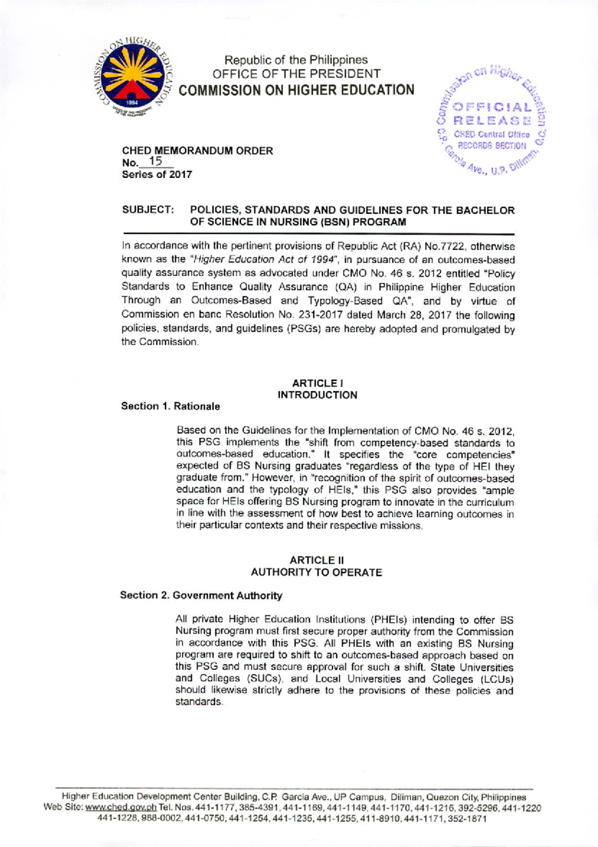 CMO No. 15 s 2017 - CMO - ON HIGHER Republic of the Philippines OFFICE ...